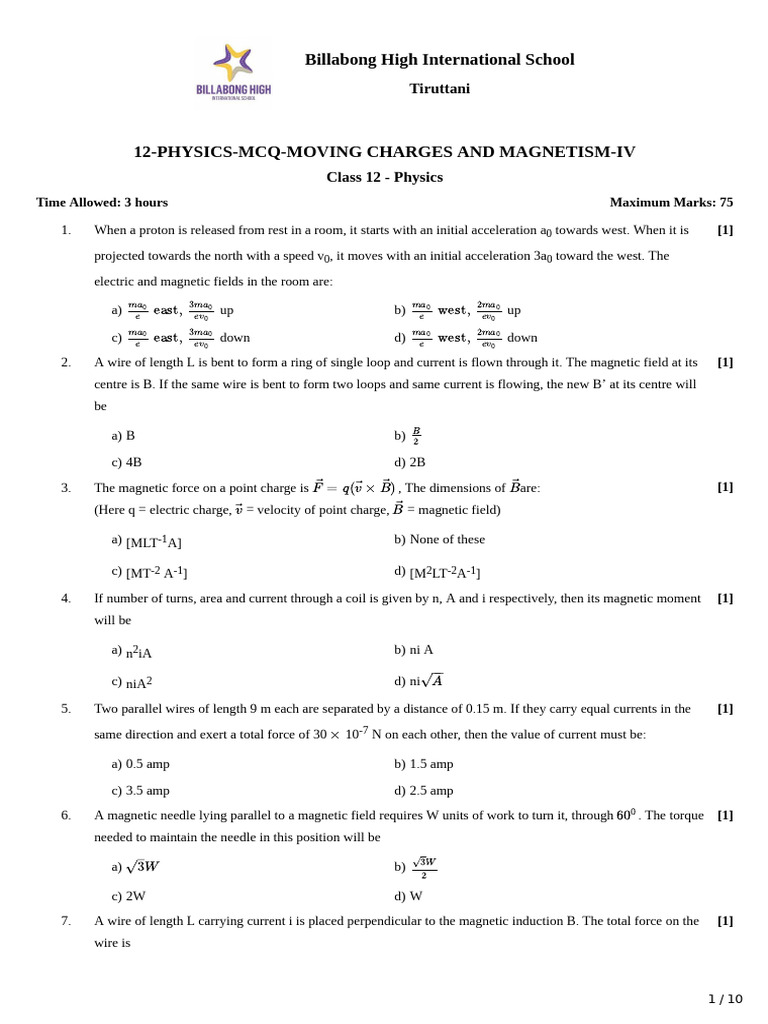 12 Physics MCQ Moving Charges and Magnetism IV Question 1140563 | PDF ...