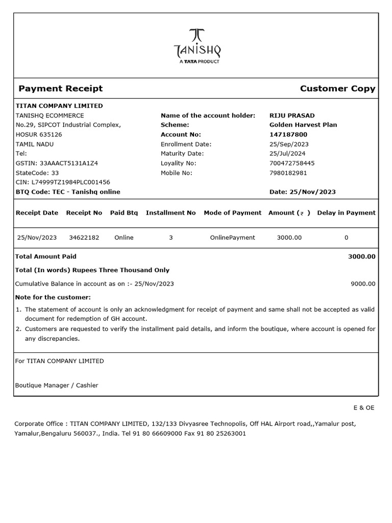 Golden Harvest Plan Payment Receipt | PDF