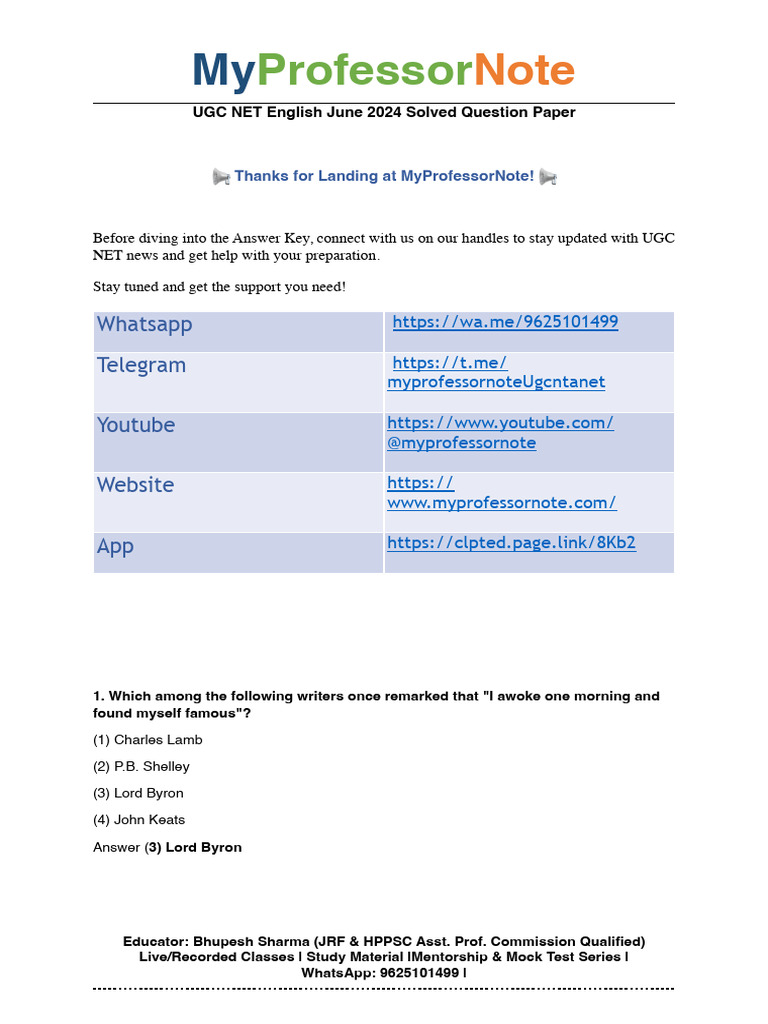 UGC NET English June 2024 Solved Question Paper. | PDF | Linguistics