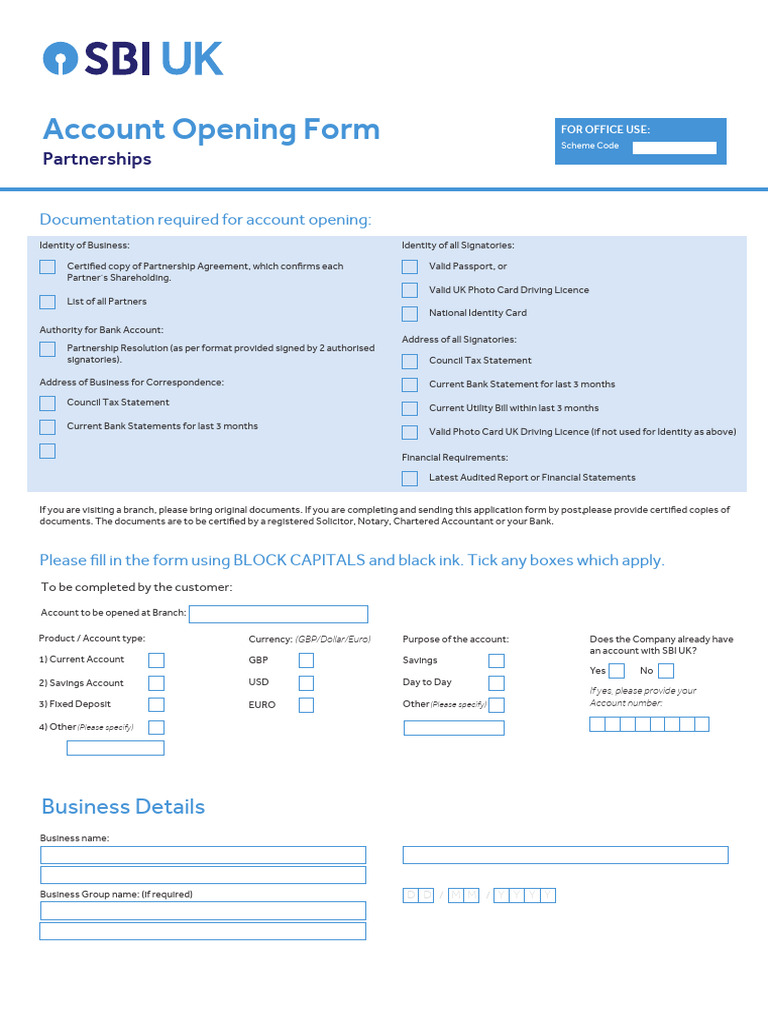 SBI UK ACCOUNT OPENING | PDF | Business | Partnership