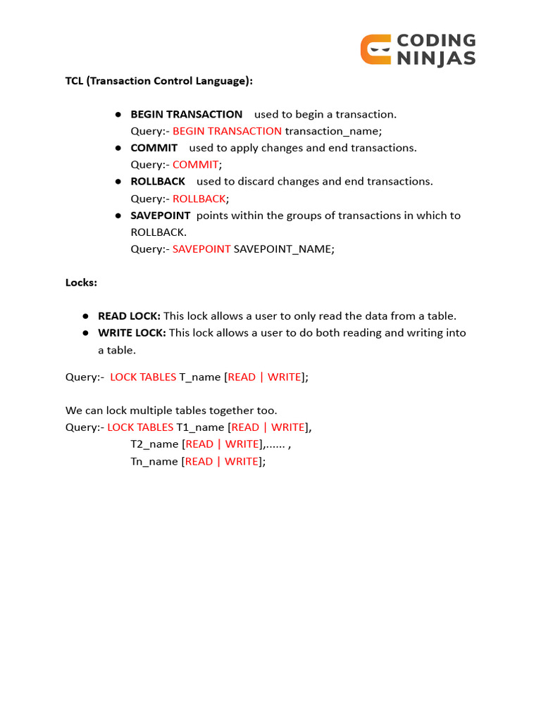 TCL (Transaction Control Language) : Begin Transaction Commit Rollback Savepoint | PDF