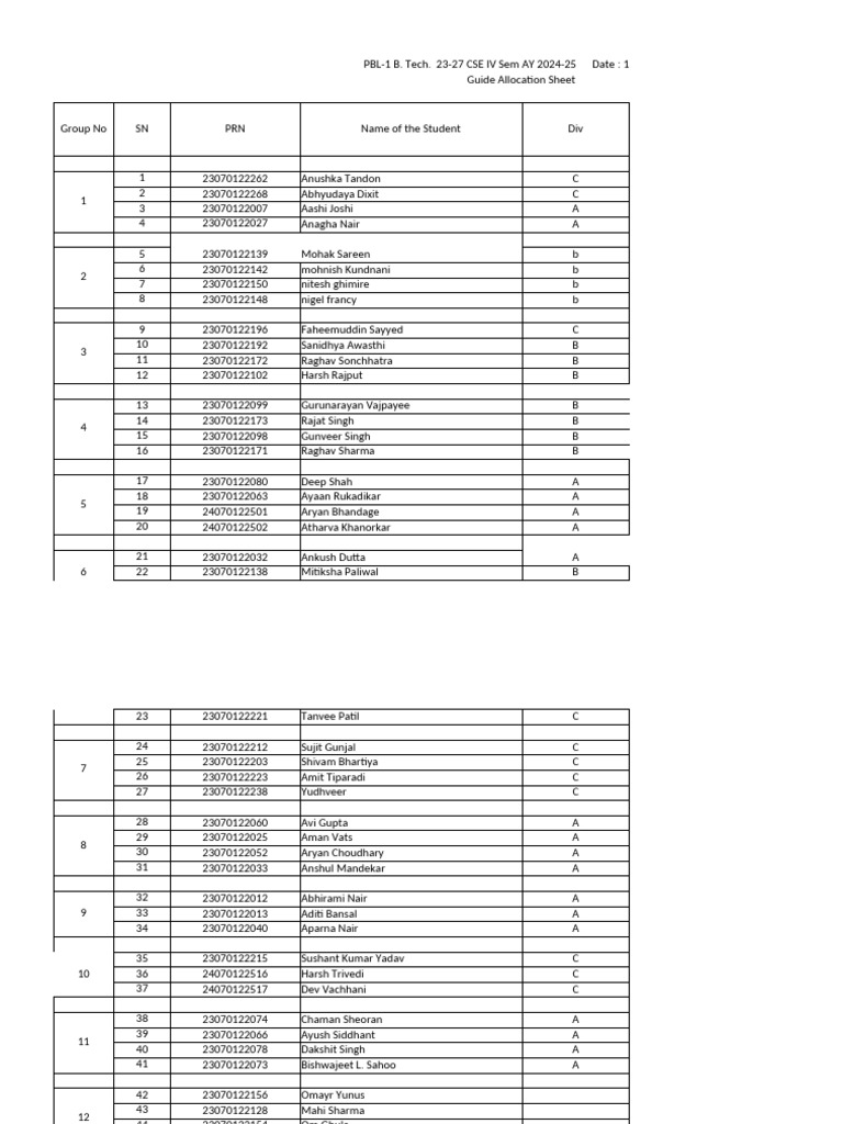 Student- PBL-1-Batch 23-27 - Guide Allocation Sheet | PDF