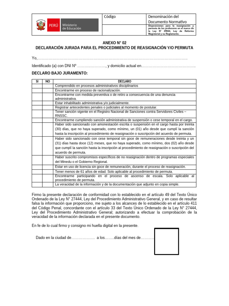 Anexo 02 Declaracion Jurada para Reasignacion | PDF | Gobierno | Justicia