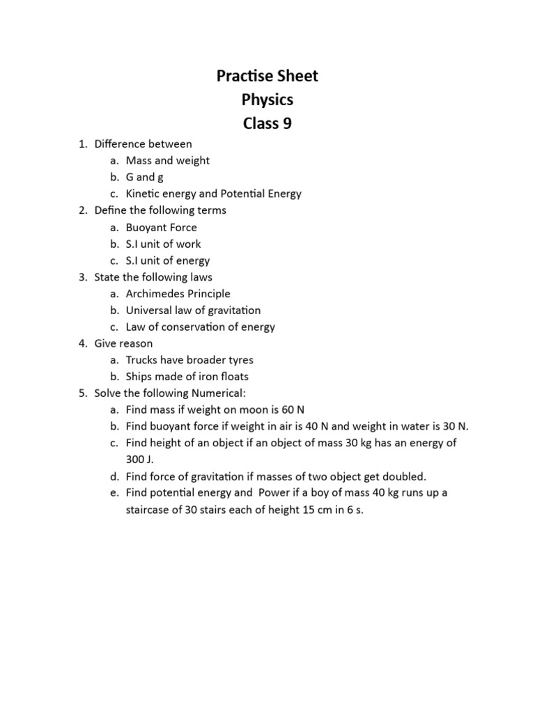 Class 9 Physics Practice Sheet | PDF