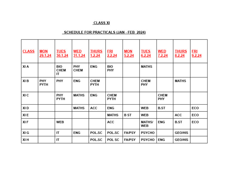 Class XI Practical Schedule Jan-Feb 2024 | PDF