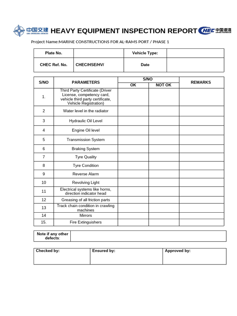 Heavy Equipment Inspection Checklist | PDF