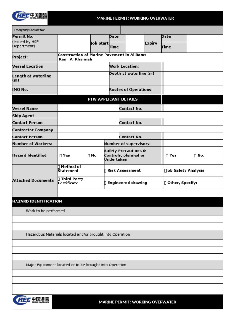 WORKING OVER WATER PERMIT(1) | PDF | Hazards | Underwater Diving