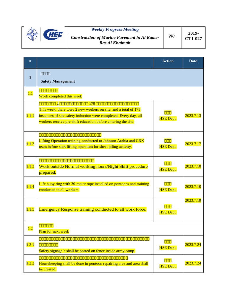 Weekly Progress Meeting Report 20230721 | PDF | Safety | Occupational ...