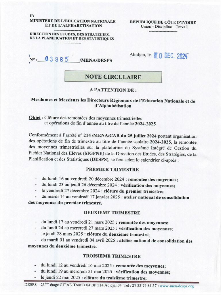 Note Circulaire Remontees Des Moyennes 2425 | PDF