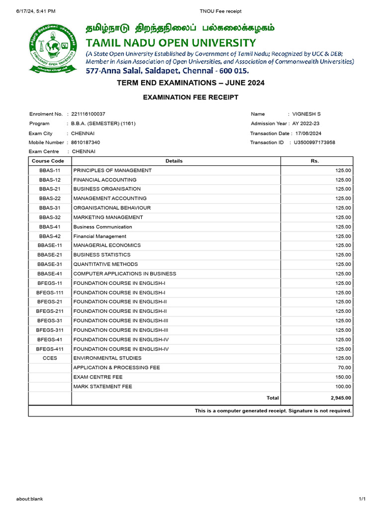TNOU Exam Fee Receipt | PDF | Business