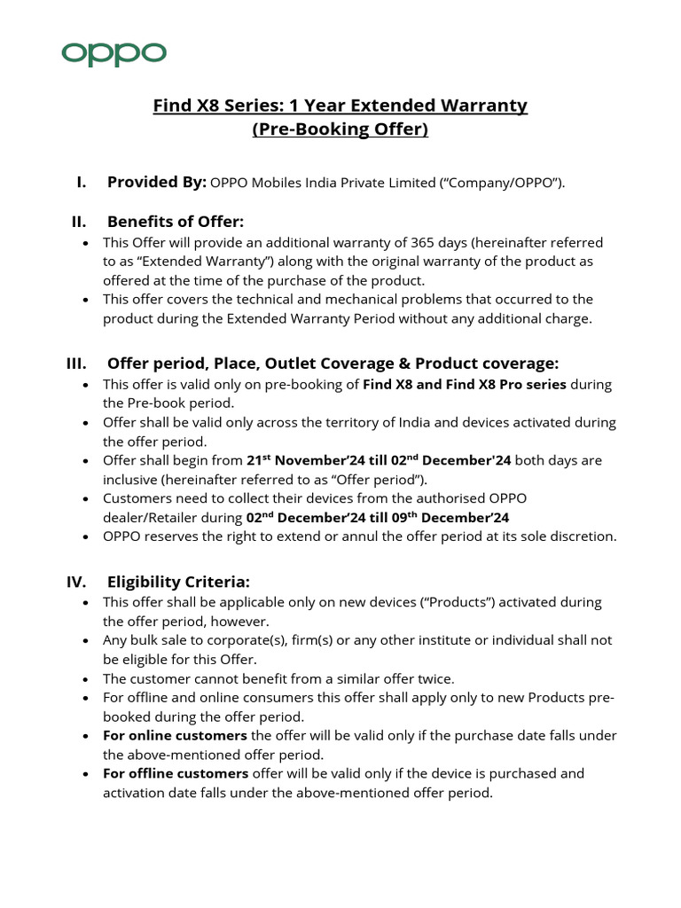 OPPO Find X8 Series Extended Warranty Offer | PDF | Legal Liability ...