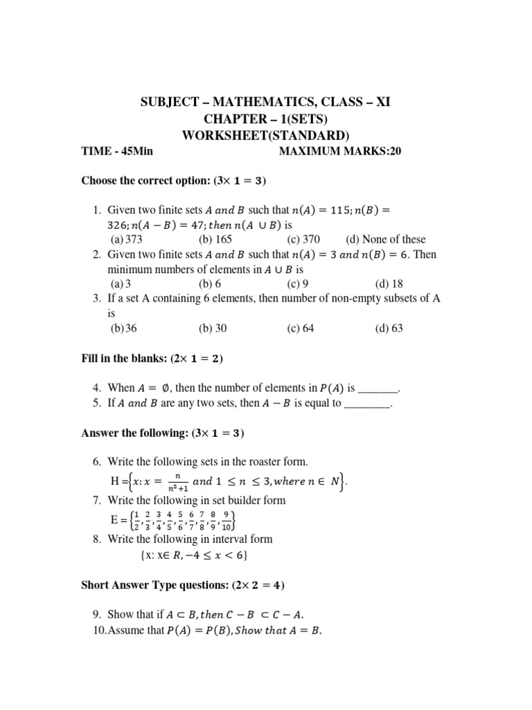 Class XI Worksheet 2 | PDF