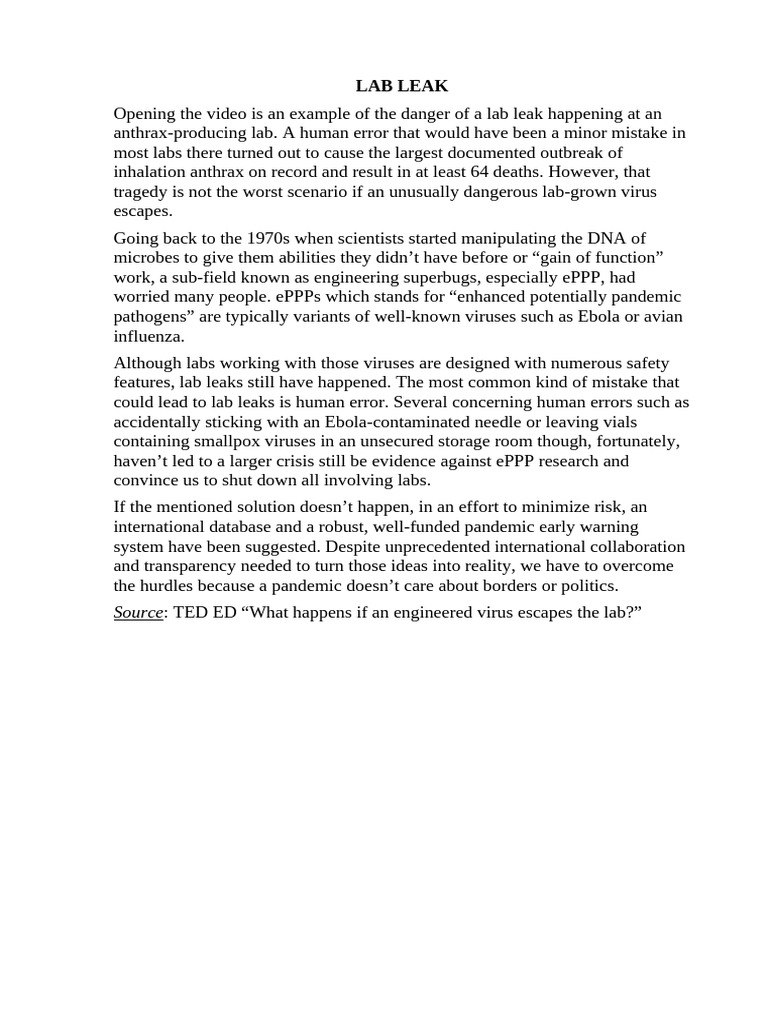 Risks of Lab-Leaked Pathogens | PDF
