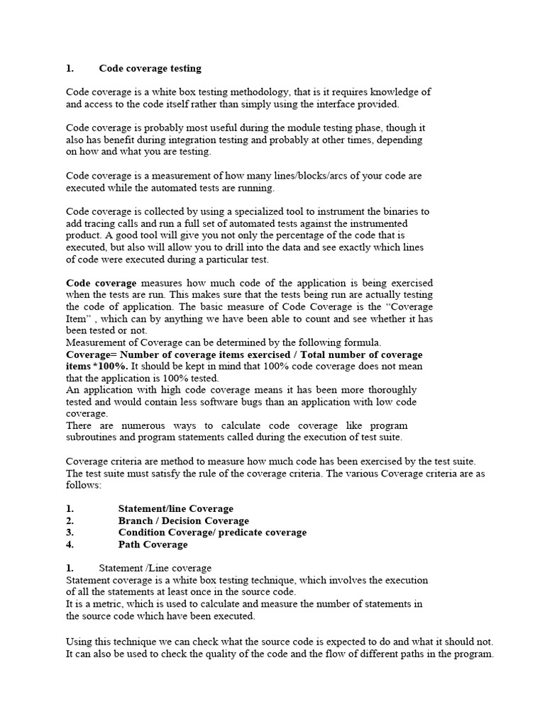 Code Coverage Testing Line Or Statement Coverage Pdf Systems Engineering Software