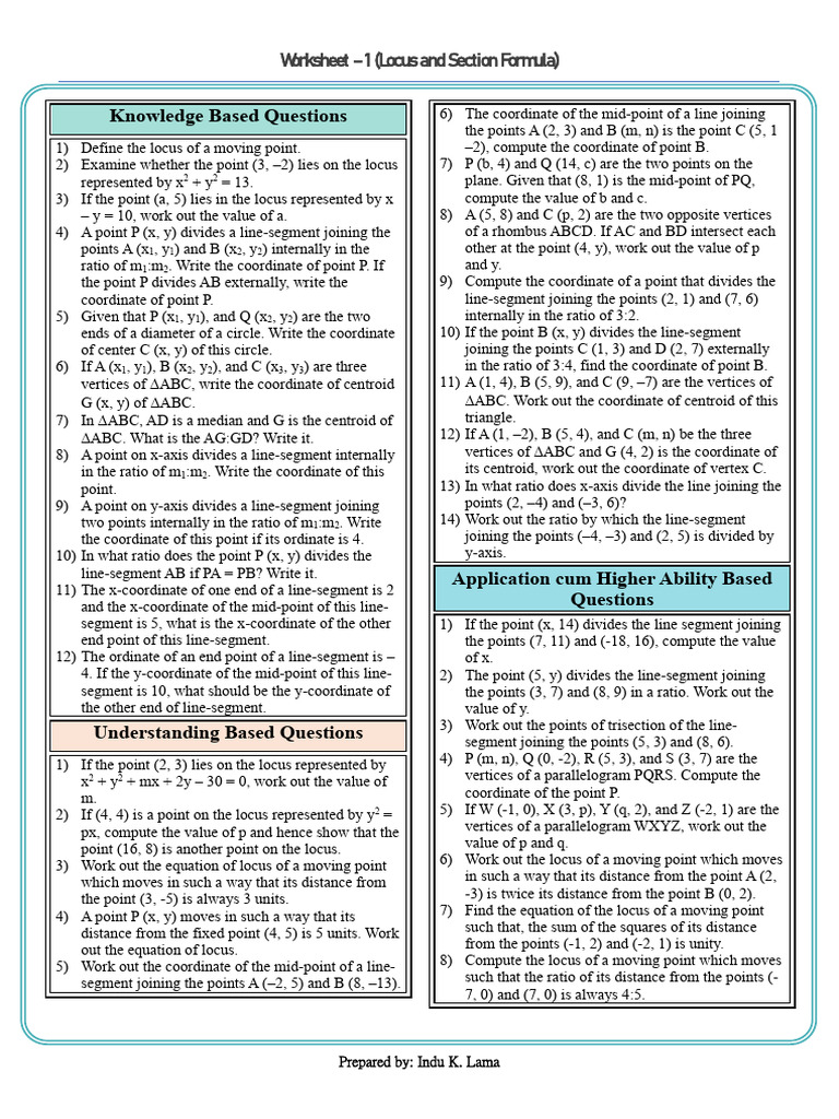 Locus and Section formula (Revision Worksheet) | PDF | Euclidean Plane ...