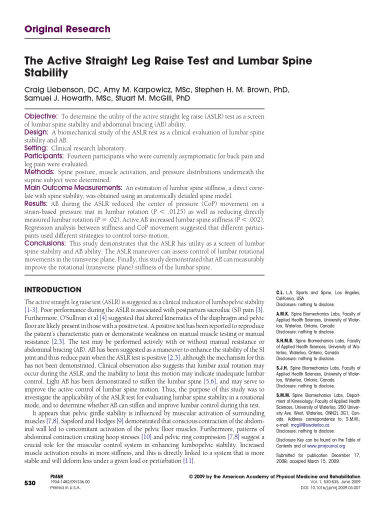 The Active Straight Leg Raise Test and L | PDF | Pelvis | Electromyography