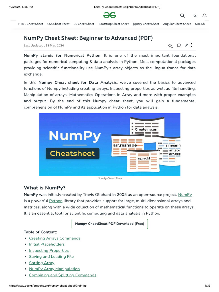 NumPy Cheat Sheet - Beginner To Advanced | PDF
