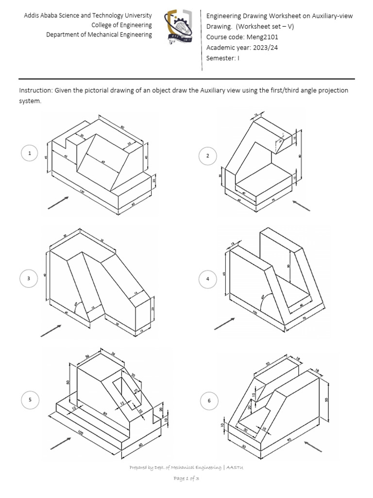 AASTU Auxliary View Drawing Worksheet Set 05 | PDF