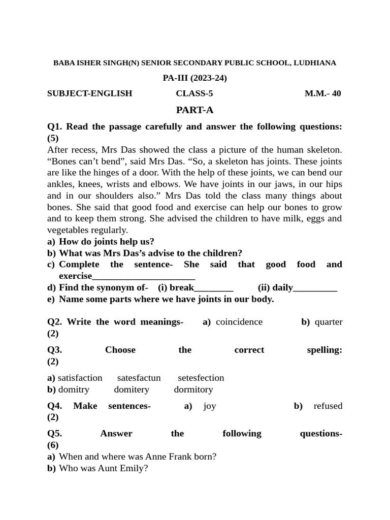 Class 5 English Paper[1] | PDF | Linguistic Morphology | Linguistics