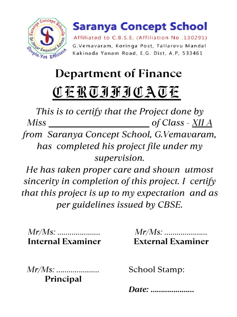 CBSE Class XII Project Certification | PDF