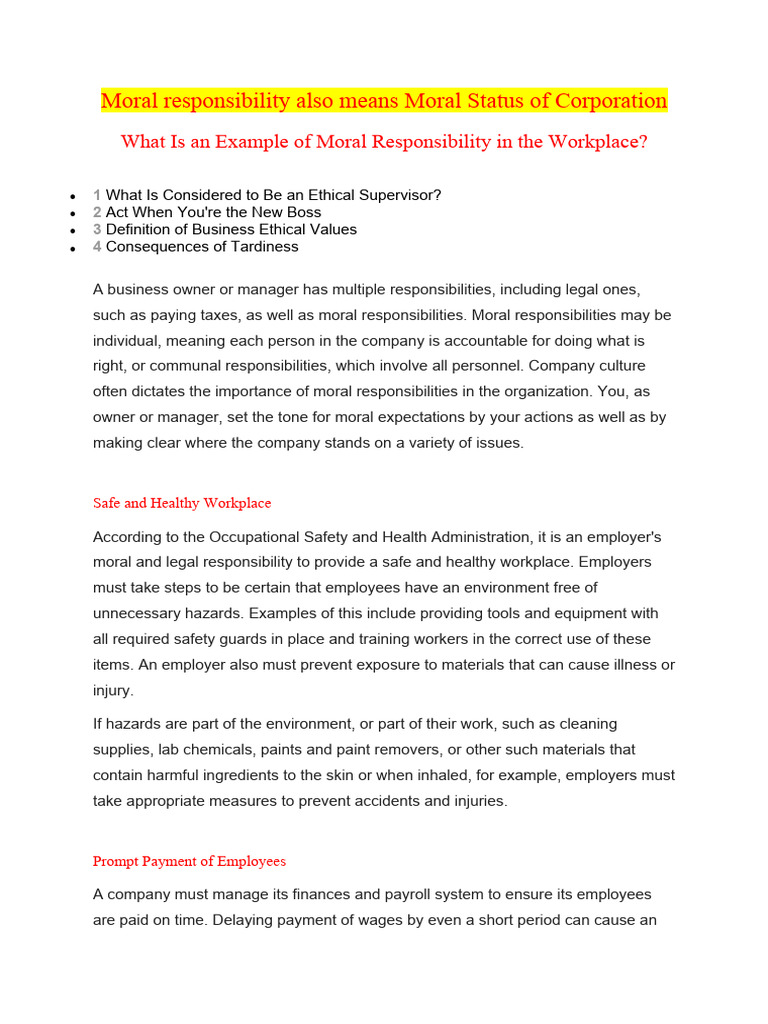 Moral Responsibility | PDF | Employment | Occupational Safety And Health