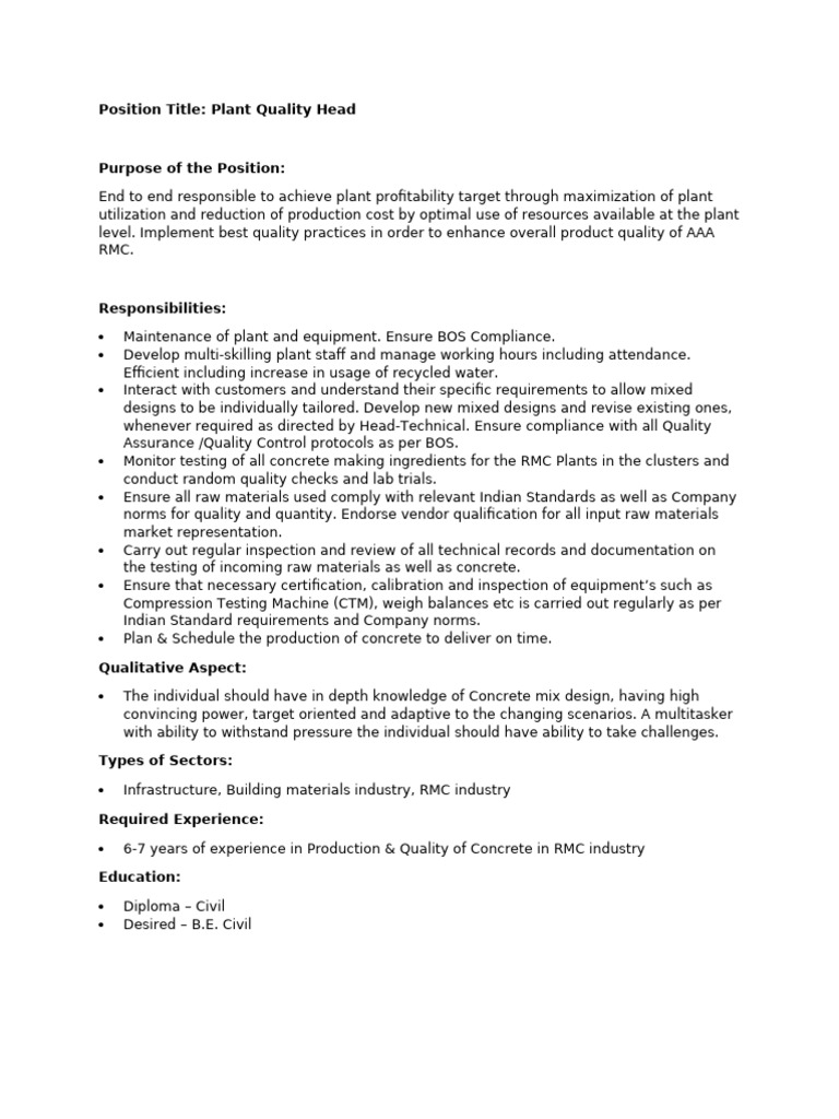 RMC Plant Quality Head Responsibilities | PDF