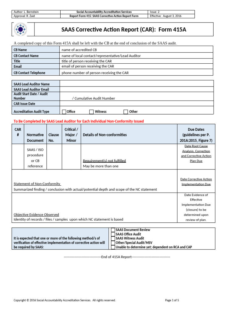 CAR Report SAAS Form 415 Issue2 Locked 0 | PDF | Audit