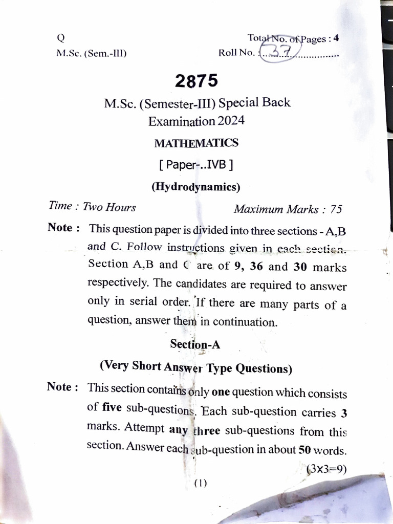 Hydrodynamic-3rd Semester Old Papers | PDF | Velocity | Sphere