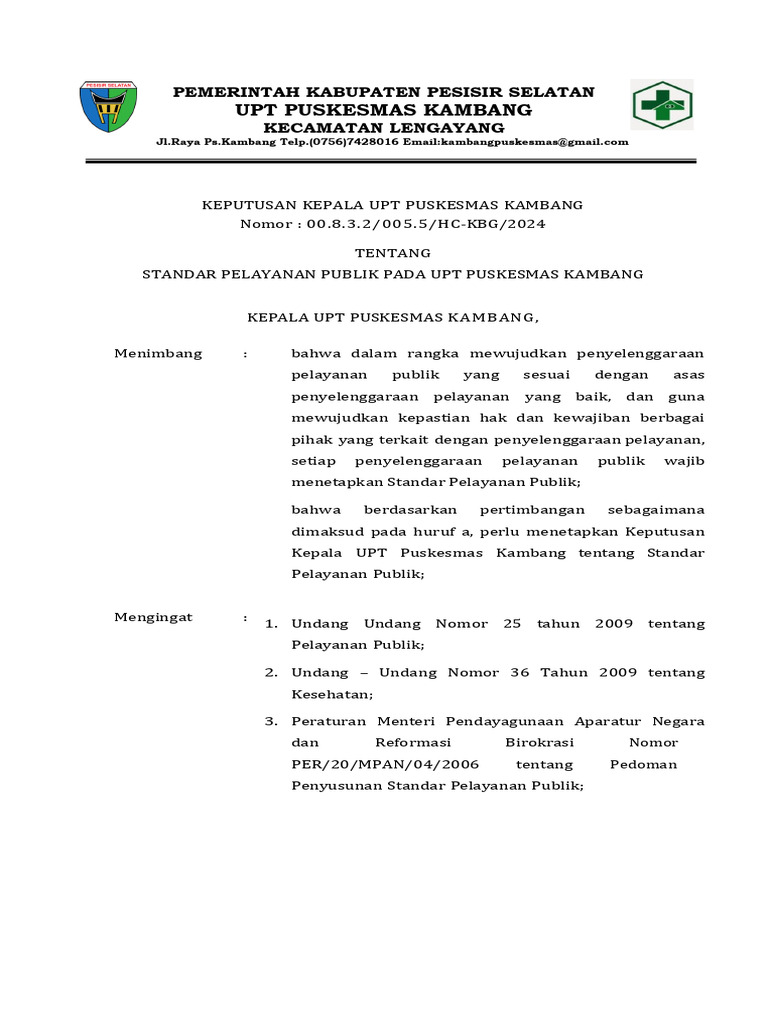 SK Standar Pelayanan Publik Upt Puskesmas Kambang-20240528021642 | PDF