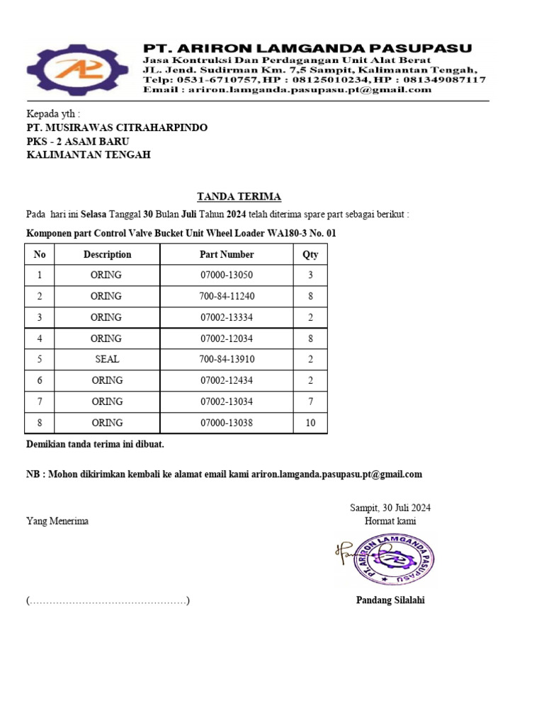 Tanda Terima Penerimaan Komponen Part Control Valve Unit Wheel Loader ...