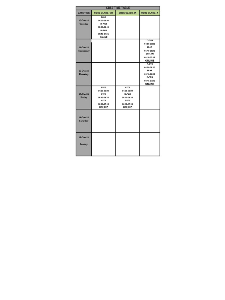 Cbse Class Time Table Junior & Middle Wing 10 Dec to 15 Dec | PDF