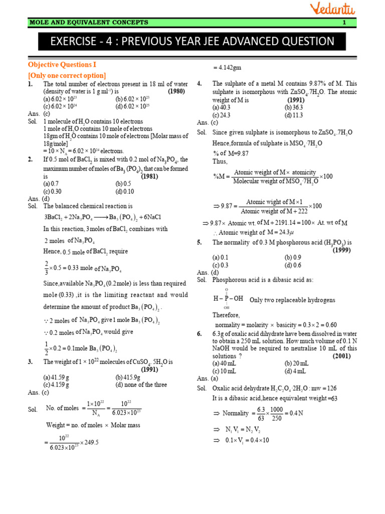 Mole and Equivalent Concept-Exercise-4 (1) | PDF | Mole (Unit) | Chemical Compounds