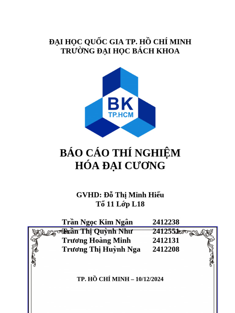 BÁO CÁO THÍ NGHIỆM HÓA ĐẠI CƯƠNG NHÓM 11 L18 | PDF
