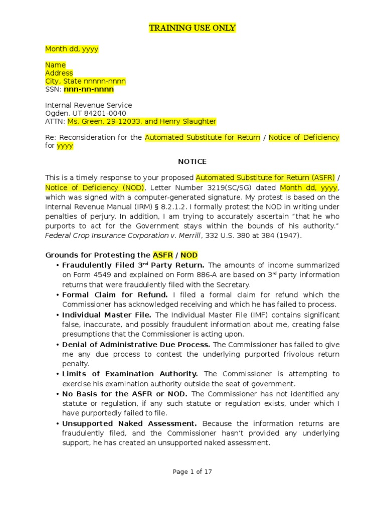 2011-08-03 ASFR NOD Response Letter Template | PDF | Internal Revenue ...