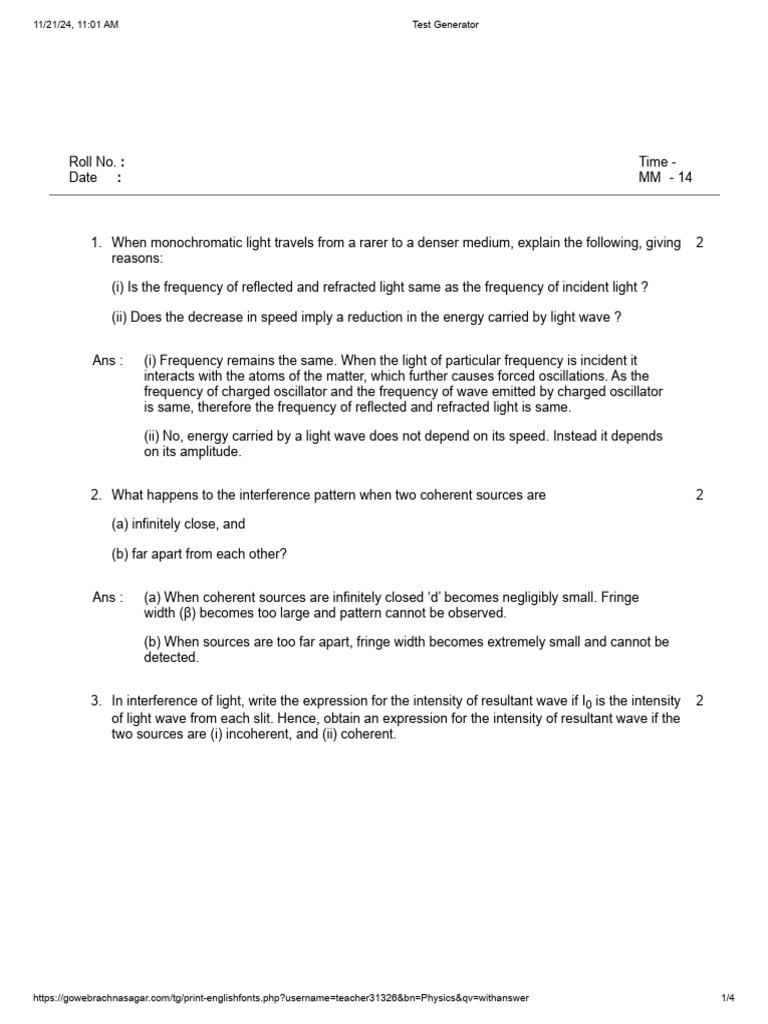 Physics Class 12 Extra Questions | PDF | Coherence (Physics) | Diffraction