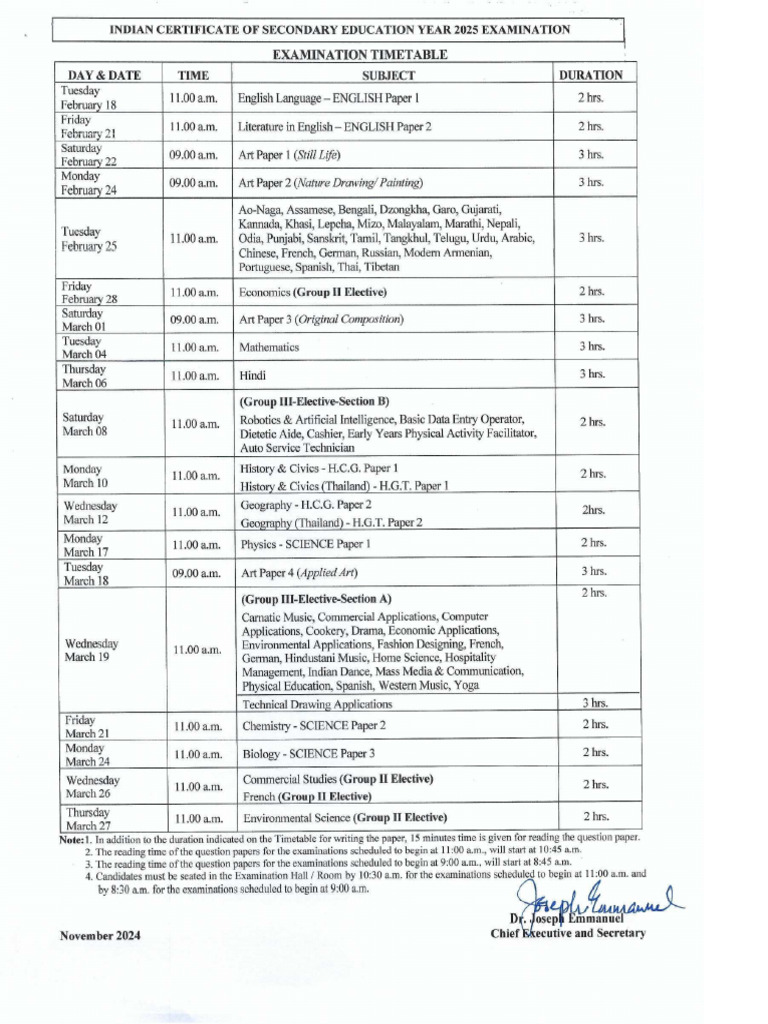 ICSE Timetable With Instructions | PDF