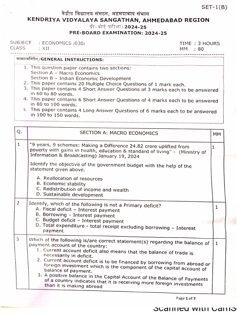 XII Eco 1st Pre Board 4.12.24 With Key | PDF
