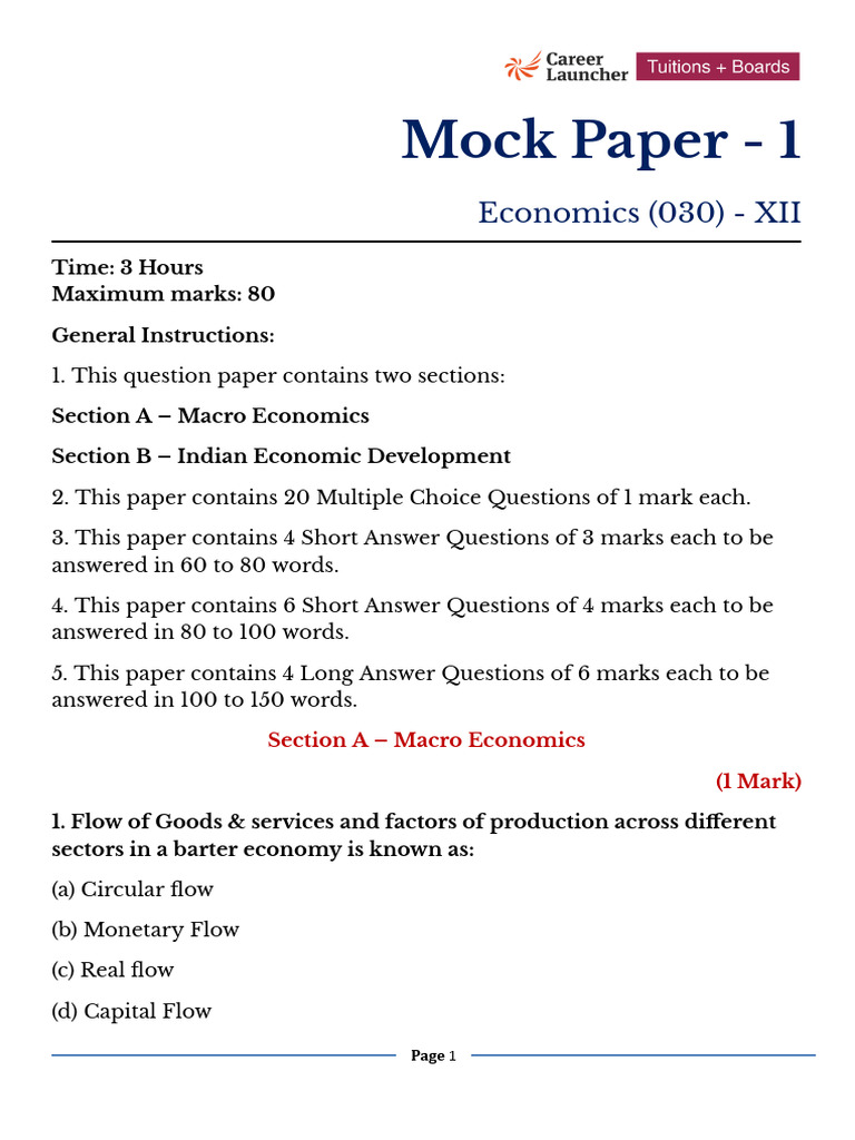 Economics Mock Paper for Class XII | PDF | Exchange Rate | Economics