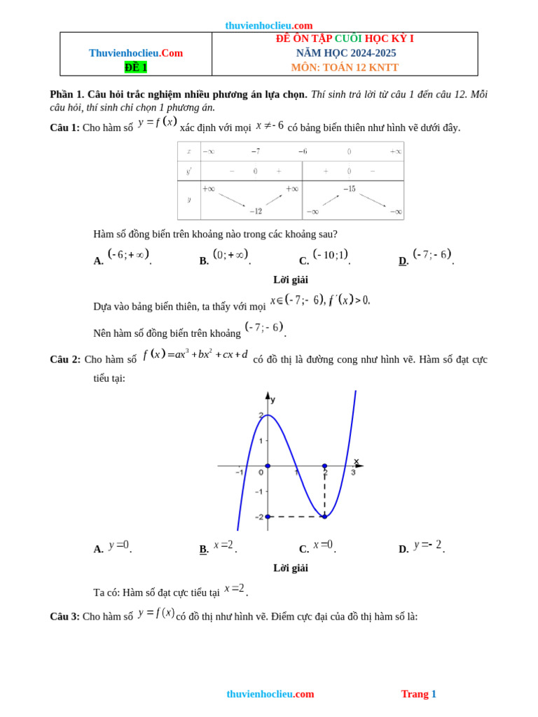 Thuvienhoclieu.com 10 de on Tap Cuoi HK1 Toan 12 KNTT 24 25 | PDF