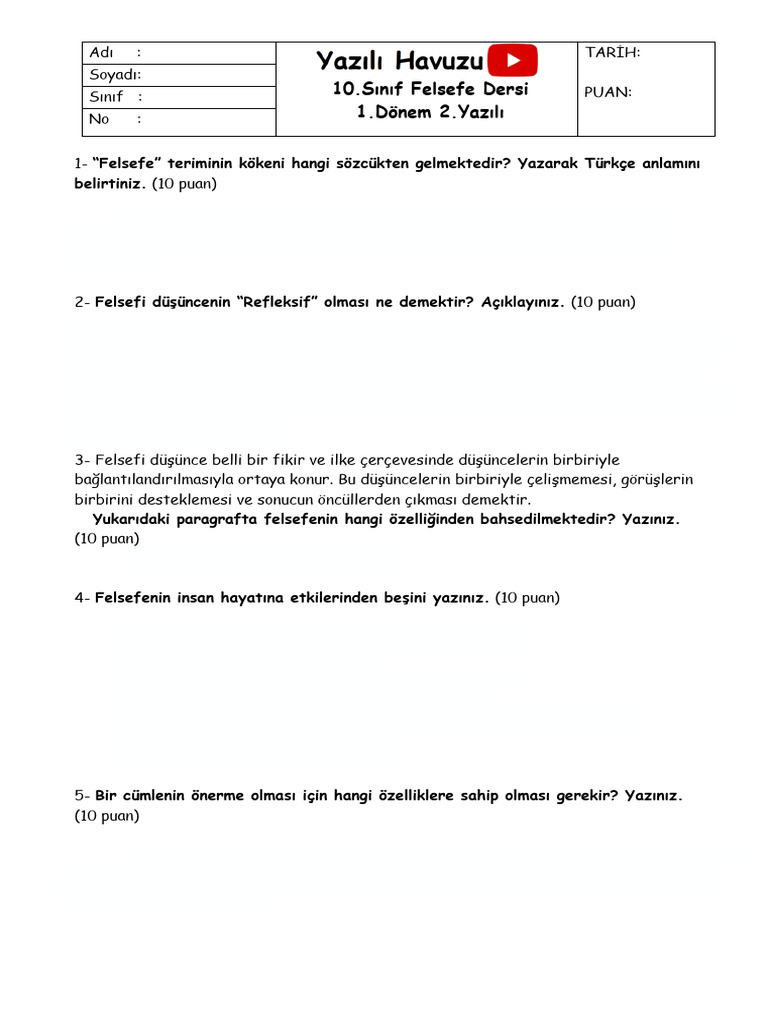 Felsefe 1.dönem 2. Klasik Yazılı Yazılı Havuzu | PDF