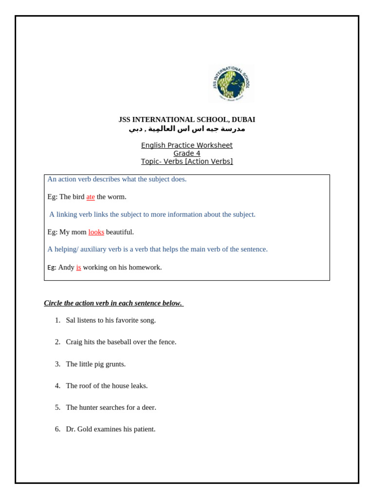 G4 - Action Words Practice Sheet | PDF