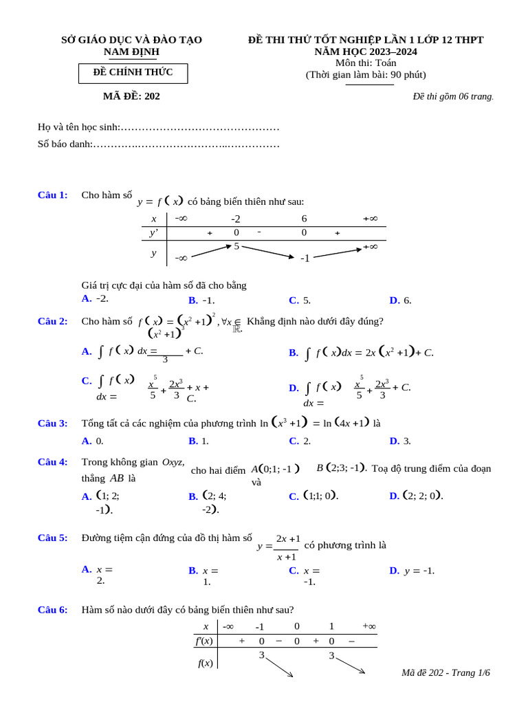 De Thi Thu Tot Nghiep THPT 2024 Mon Toan Lan 1 So GDDT Nam Dinh | PDF