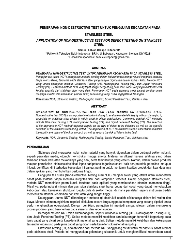 Penerapan Non-Destructive Test Untuk Pengujian Kecacatan Pada Stainless ...