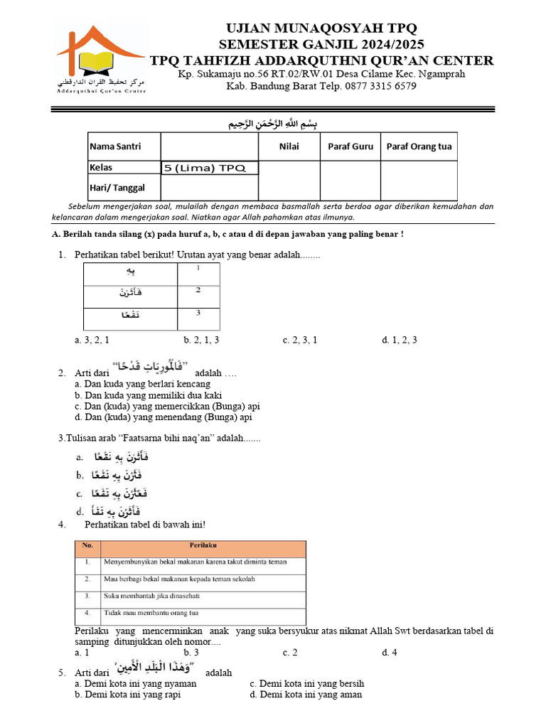 SOAL Ujian kelas 5 semester ganjil 2024 | PDF