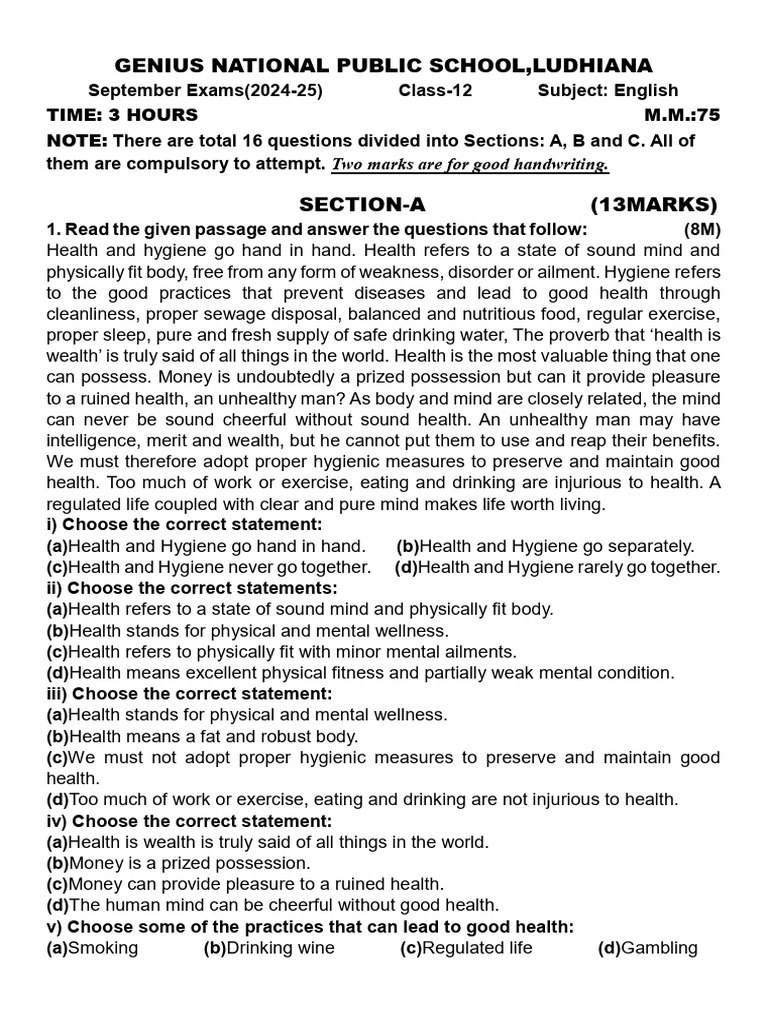 12th english sept. exam | PDF | Punjab | Hygiene