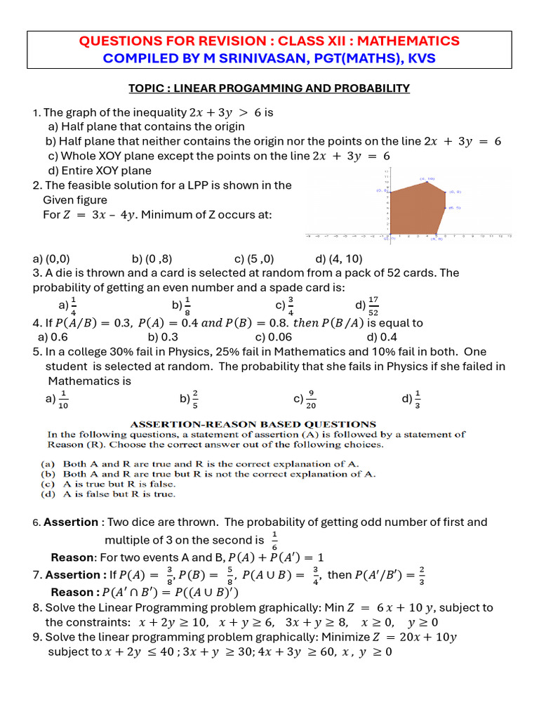 Revision Questions - LPP & Probability - Xii Maths | PDF | Mathematics | Theoretical Computer ...