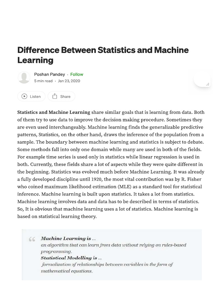 Difference between Statistics & Machine Learning by Poshan Pandey | PDF