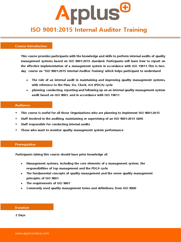 ISO 9001-2015 Internal Auditor Training Data sheet | PDF | Iso 9000 | Quality Management