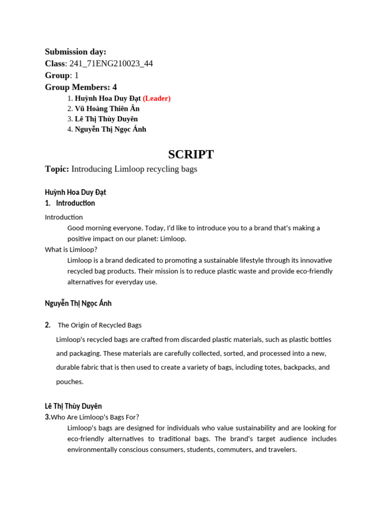 SCRIPT- Nhóm 1 | PDF | Recycling | Brand