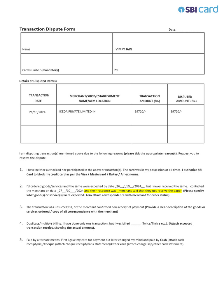 Transaction Dispute Form | PDF | Credit Card | Receipt